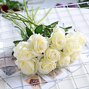 Tifuly White Roses Artificial Flowers -12 pcs Realistic Single Long Stem Fake Silk Roses Bouquet for Party Home Wedding Centerpiece Office DIY Decor（Off White）