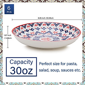 Kitchenexus Ceramic Pasta Bowls Set of 6 30oz Large Salad Bowl Wide and Shallow Porcelain Salad Pasta Dishes Colorful Patterns Serving Plates and Bowls for Pasta, Salad, Cereal, Soup