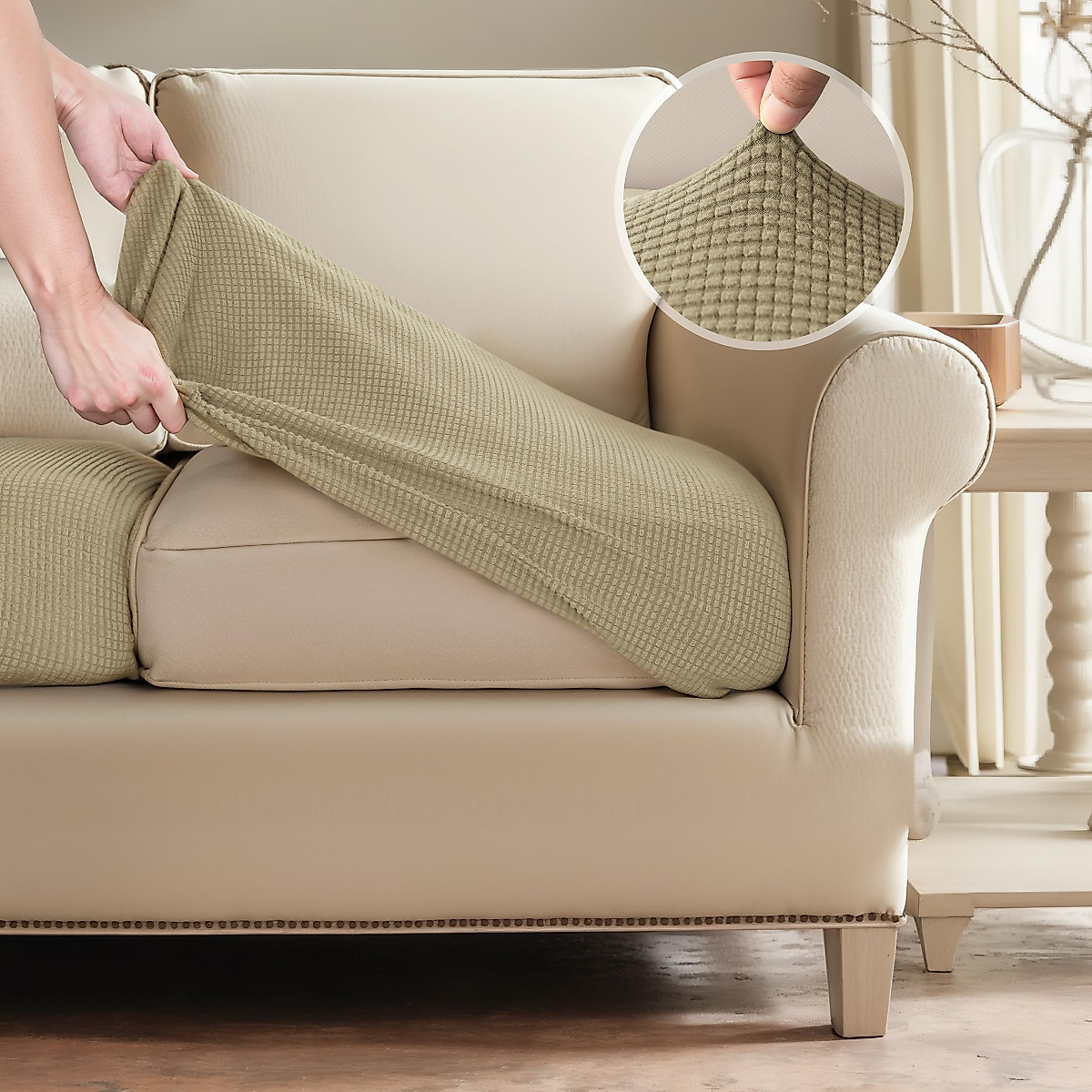 SUBRTEX Stretch Cushion Covers Couch Cushion Slipcovers RV Seat Covers Chair Loveseat Sofa Cushion Protector Spandex Elastic Furniture Protector for Seat (2 Packs, Sand)