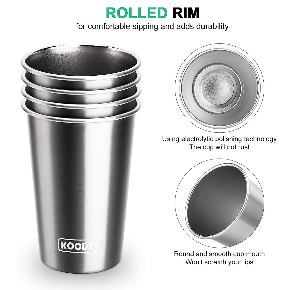 koodee Stainless Steel Cups(4 Pack) 16 oz Pint Tumbler Stackable Metal Drinking Glasses for Camping, Outdoors（Sky Blue-Baby Blue-Pink-Teal）