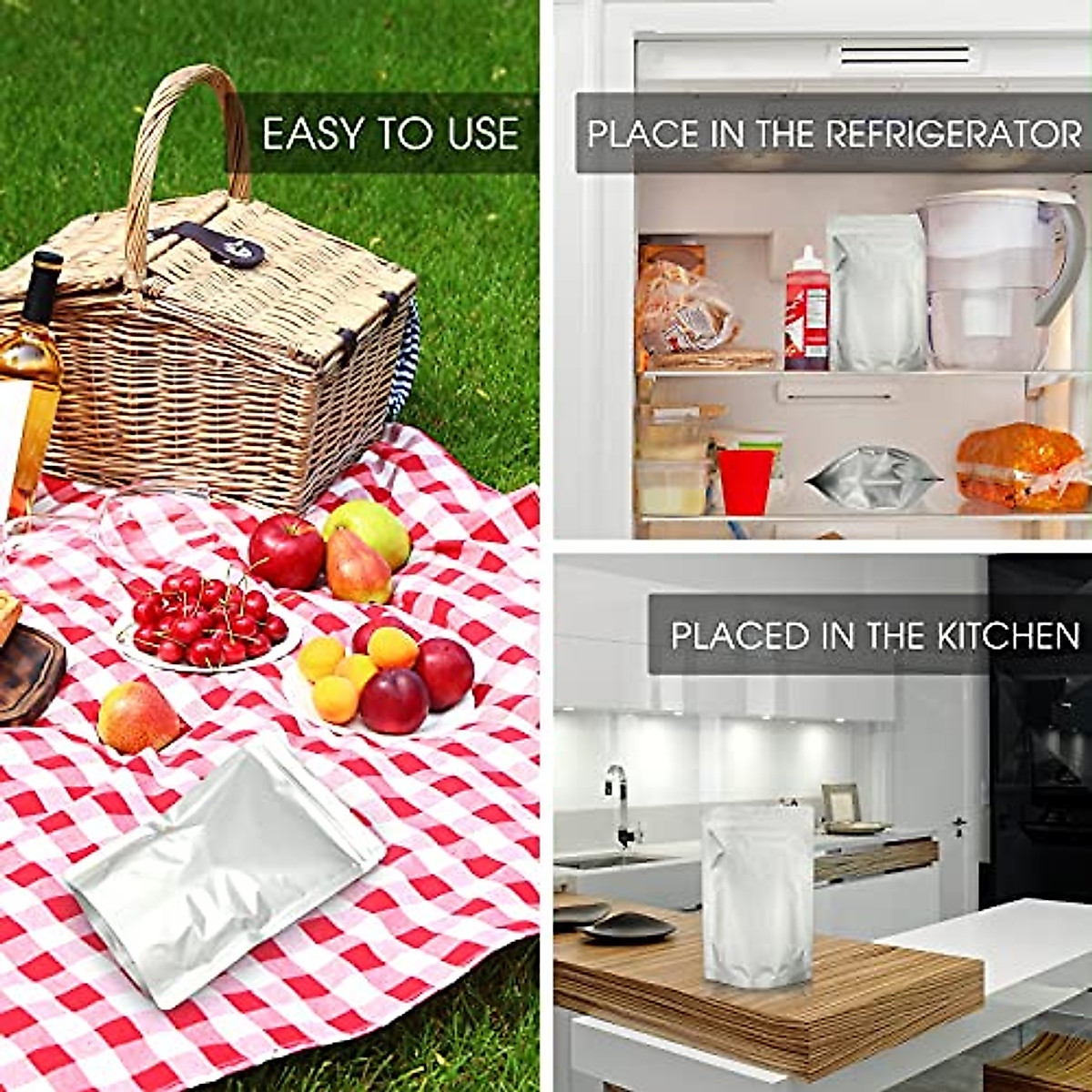 50 PCS（8x12 inch）Stand Up Mylar Aluminum Foil Bags, Silver Resealable Smell Proof Bags with Label sticker，Family Daily life for Food long-term Storage Coffee,Tea,Cereal