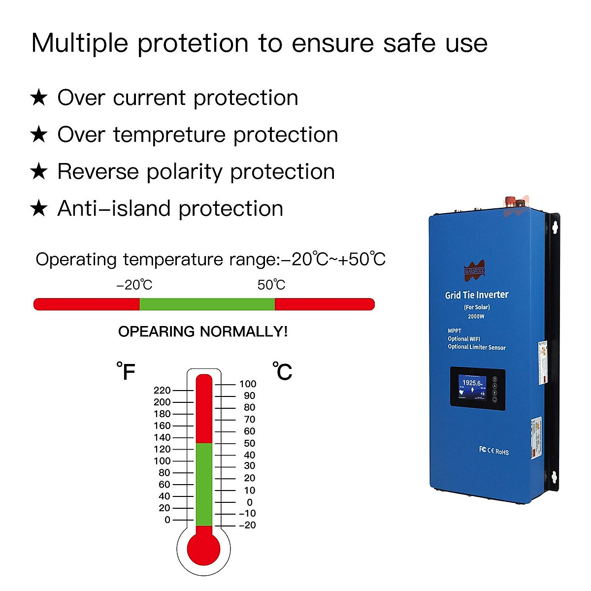 Marsrock 2000W PV Grid Tie Inverter Power Limiter Wide Voltage 45-90VDC for Solar Panel Input AC 240V (120V+120V)