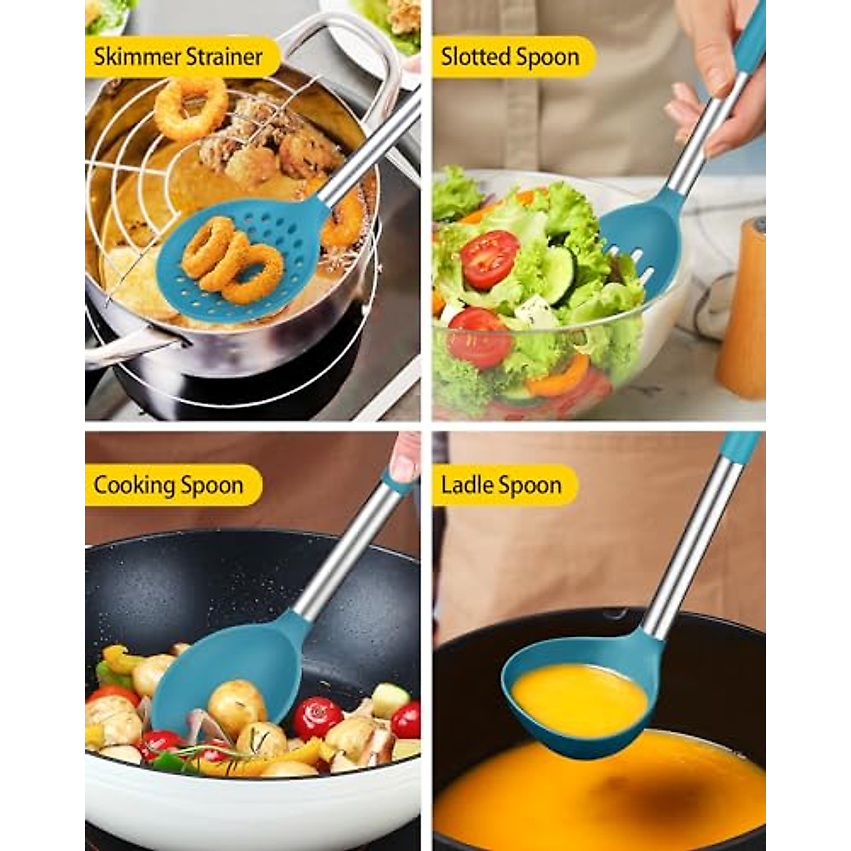 Silicone Cooking Utensil Set, 8Pcs Non-stick Cookware with Stainless Steel Handle, BPA Free Heat Resistant Kitchen Tools with Spatulas, Turners, Spoons, Skimmer and Pasta Fork