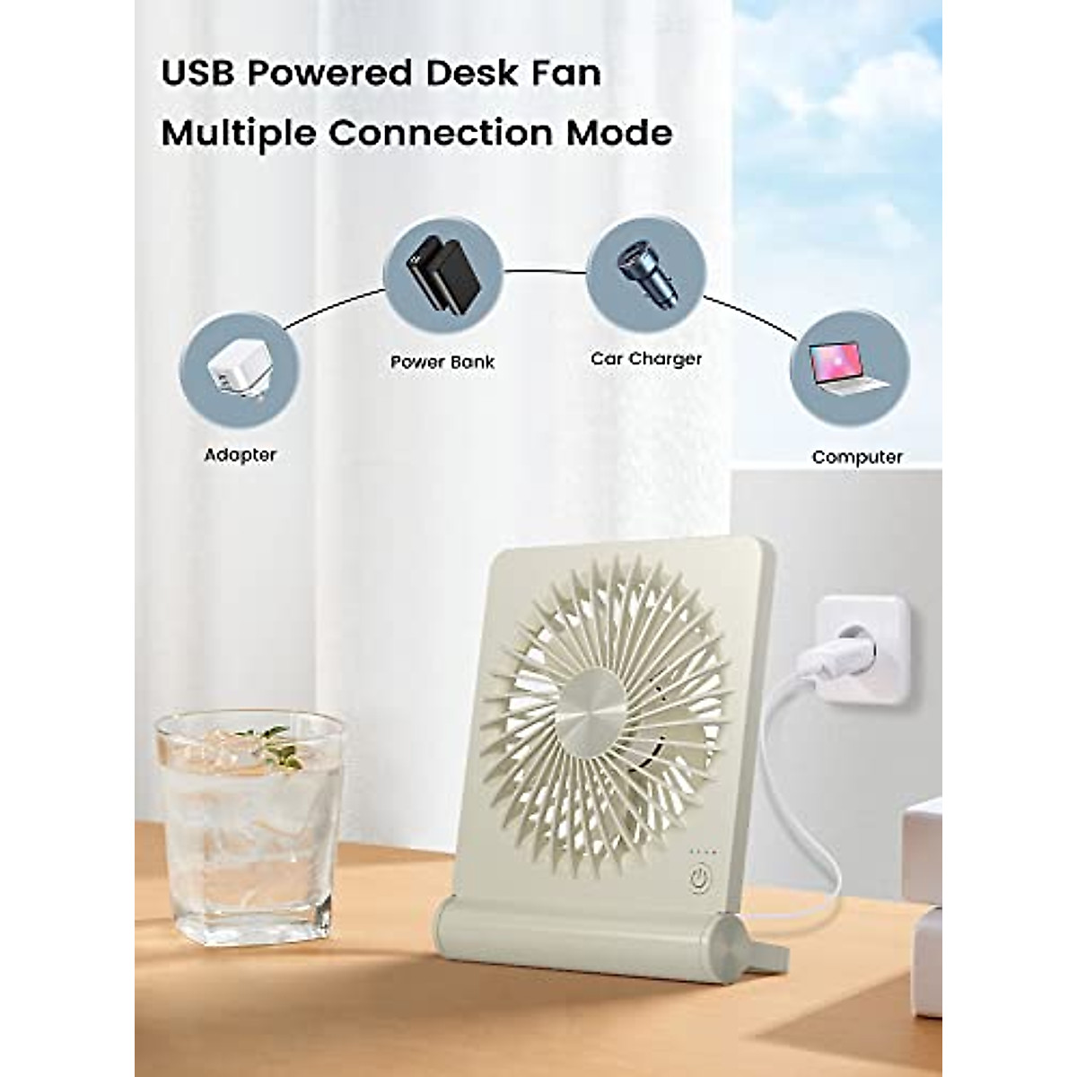 FERRISA Desk Fan, Small But Powerful, Portable Fan Battery Operated, 220° Tilt Folding Ultra Quiet Person Mini Fan, Strong Wind, 3 Speed Adjustable For Home Office Desktop Travel Camping (Beige)