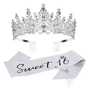 Casoty Sweet 16 Birthday Sash, Tiara Set with Pearl Pin, and Decorations for Girls