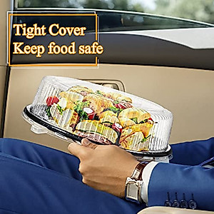 Tessco 12 Pack 16 Inch Heavy Duty Serving Tray with Clear Lid and Sporks, Large Plastic Tray with Elegant Platter Round Black Disposable for Fruit Sandwich Party Takeout Food Catering Picnic