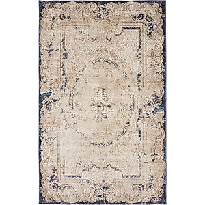 Unique Loom Chateau Collection Rustic, Vintage, Medallion, Textured, Distressed, Traditional Area Rug, 5 ft x 8 ft, Beige/Navy Blue