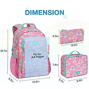 mommore Kids Backpack Set, Rainbow Backpack for Girls Lightweight Elementary Bookbag for Students School backpack for Children with Chest Strap Water Resistant,3pcs pink
