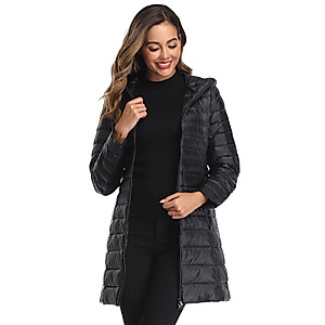 Obosoyo Women's Winter Packable Down Jacket Plus Size Lightweight Long Down Outerwear Puffer Jacket Hooded Coat Black XL
