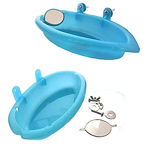Clpoawc Bird Bath for Cage with Mirror,Bird Baths Tub Parakeet Fountain,Bird Large Parrot,Portable Accessories Small Lovebird Finch Budgie Canary Blue