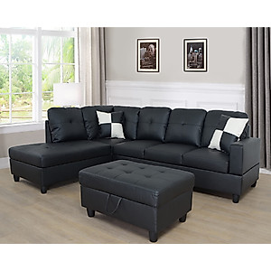 FANYE Linen Upholstery 82" Sectional w/Reversible Storage Chaise, L-Shaped 3-Seaters Corner Pull Out Sleeper Bed for Home Apartment Office Living Room Furniture Sets, Dark Gray Sofa & Couch, Black 1