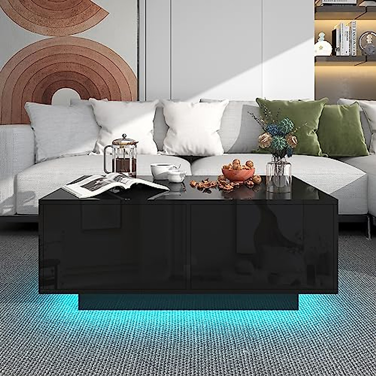 SUSSURRO LED Coffee Table with 4 Storage Sliding Drawers, High Glossy Modern Center Table with 20 Colors LED Lights for Living Room Bedroom,(Style-1 Black)