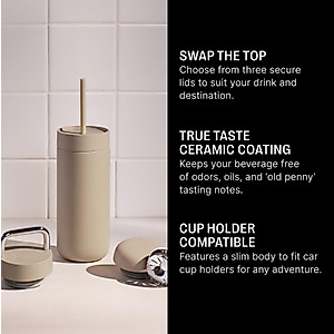 Fellow 16 oz Carter Bundle (3 in 1) Travel Mug with Carry Handle, Move & Cold Lids with Straw - To-Go Coffee Tumbler, Ceramic Interior & Vacuum-Insulated Stainless Steel - Coffee Cups-Sand Dune