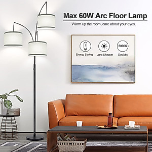 Dimmable Floor Lamp - 3 Lights Arc Floor Lamps for Living Room, 1000LM Modern Tall Standing Lamp With Gray Shades & Heavy Base, Mid Century Tree Floor Lamp for Bedroom Office, 3 LED Bulbs Included