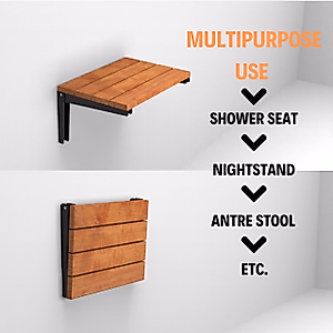 Folding Natural Color Solid Teak Wood Shower Seat, Foldable Shower Bench, Wall Mounted Folding Wooden Shower Stool, Inside Shower Handmade Fold Down Bath Seat