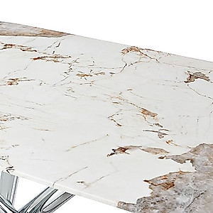 Ginxesh Faux Marble Dining Table for 6-8,71'' Large White Imitation Marble Dining Table with Double Sliver Metal Bases and Oval Corner,Modern Glass Table for Dining Room,Living Room,Kitchen,Office