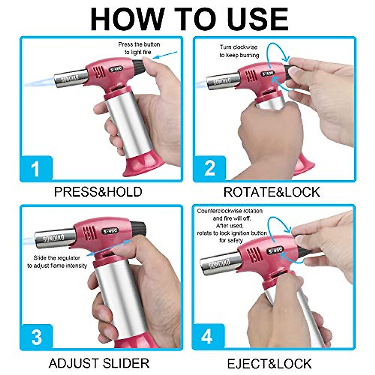 Sondiko Butane Torch PS400, Culinary Kitchen Torch Refillable Blow Torch Lighter with Safety Lock&Continuously Flame for Cooking, Creme Brulee, BBQ, DIY&Soldering(Butane Gas not Included)