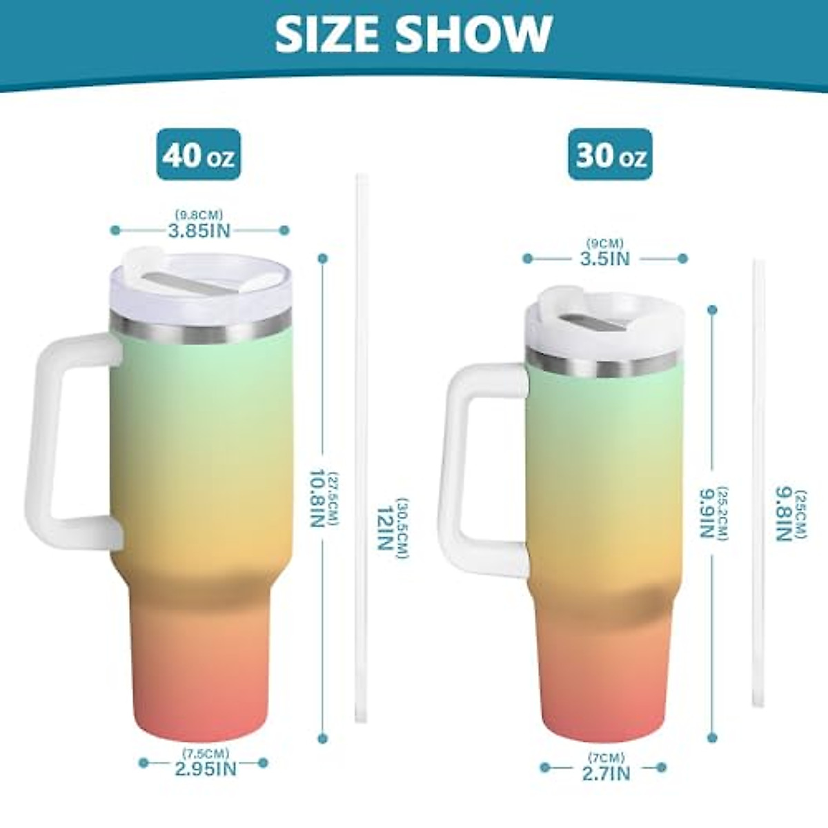 MCHIVER Blue Pink Gradient 40 oz Tumbler with Handle and Straw Stainless Steel Vacuum Water Bottle Leak-proof Travel Coffee Mug Insulated Cup for Office Car Home