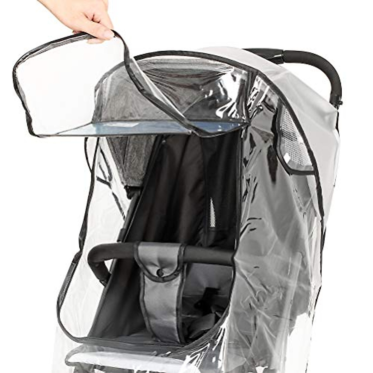 Emoly Upgraded Universal Stroller Rain Cover, Double Door Design & Large Storage Baby Stroller Weather Shield, Waterproof Stroller Cover, Food Grade EVA, Eye Protect (Black)