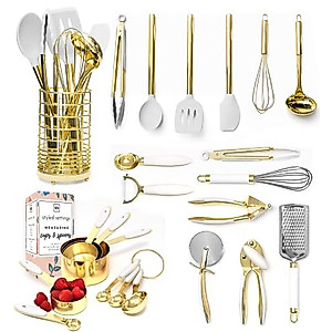Gold Cooking Utensils with Gold Measuring Cups and Spoons Set - 23 Piece Luxe White and Gold Kitchen Accessories Include Gold Metal Measuring Cups and Spoons Set and White and Gold Kitchen Utensils