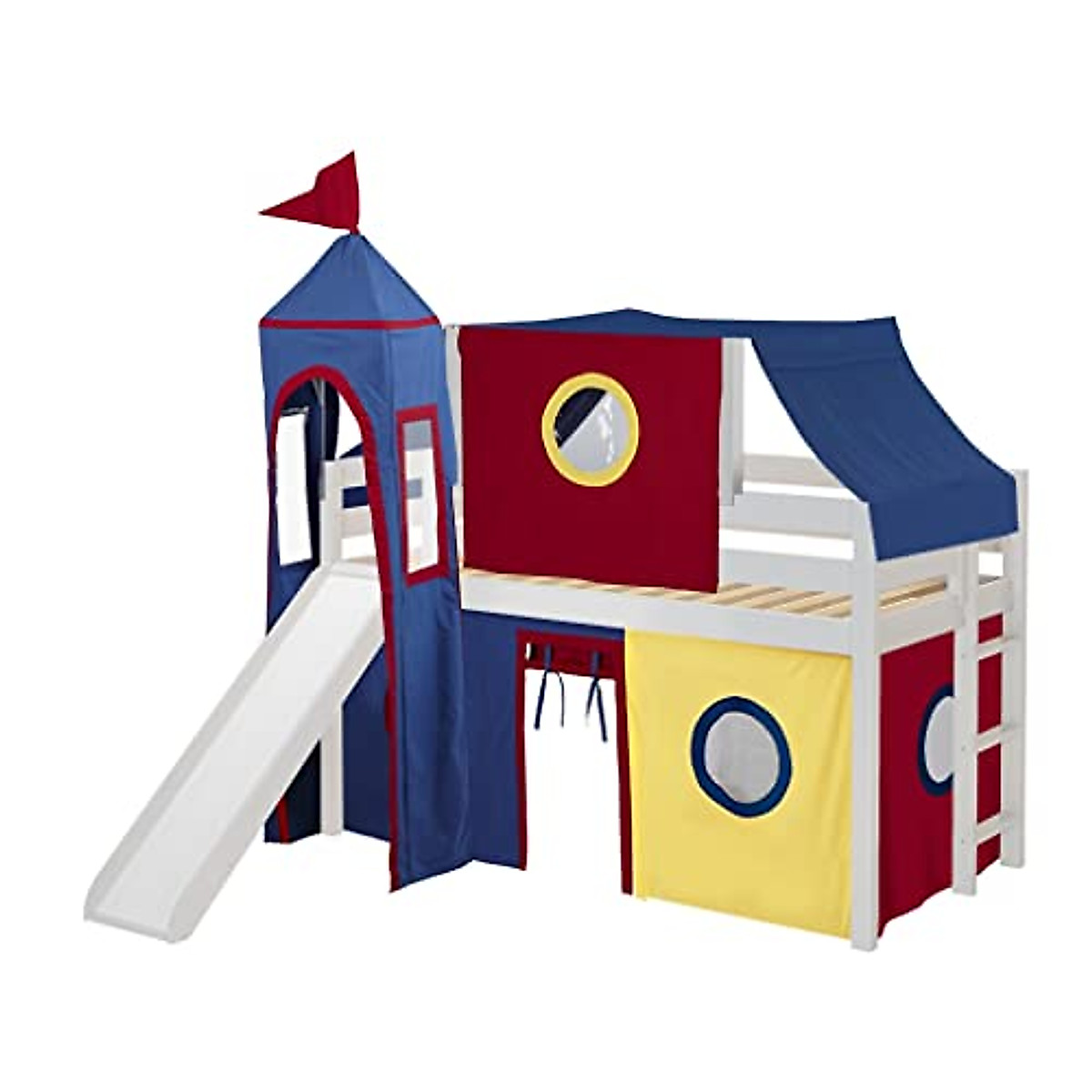 JACKPOT! Castle Low Loft Bed with Slide Red & Blue Tent and Tower, Loft Bed, Twin, White