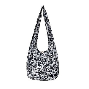 BTP! Hippie Hobo Cotton Sling Crossbody Bag Messenger Purse Swirl Printed in White on Black SW4