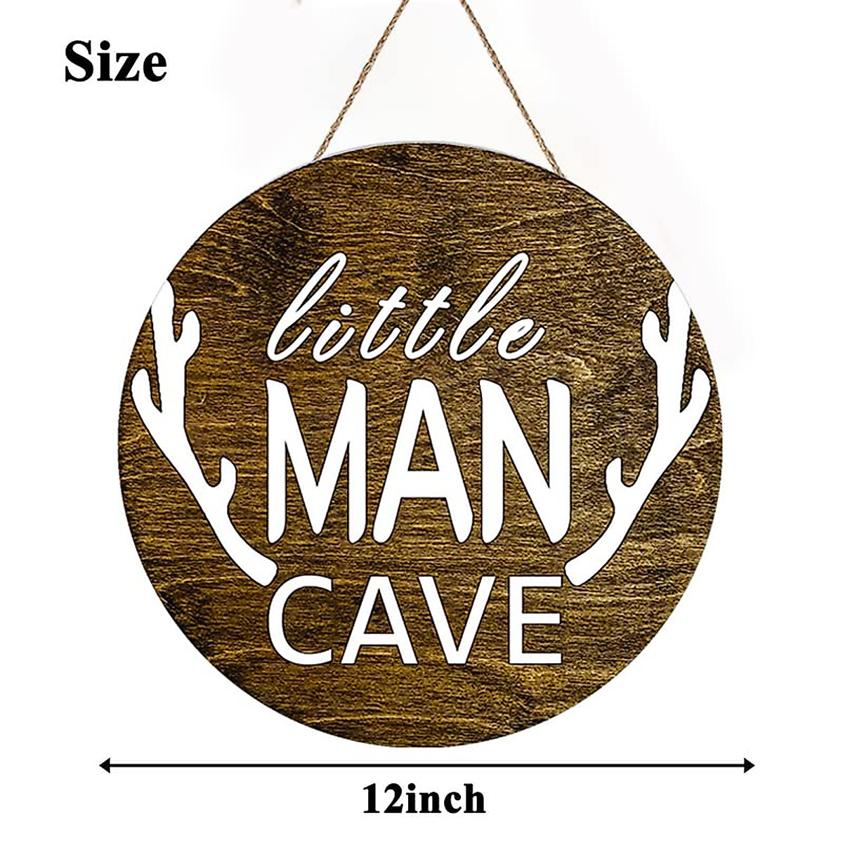Little Man Cave, Wood Wall Sign for Nursery Bedroom Living Room Rustic Home Decor Crib Decorations Woodland Aesthetic Round Kids Gift Newborn Boys, New Mom, 12x12 in