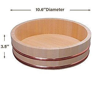 TIKUSAN Wooden Hangiri Sushi Rice Mixing Tub Copper Band Made in Japan Made of Sawara Cypress Sushi Rice Bowl Sushi Oke (10.6" (27cm))