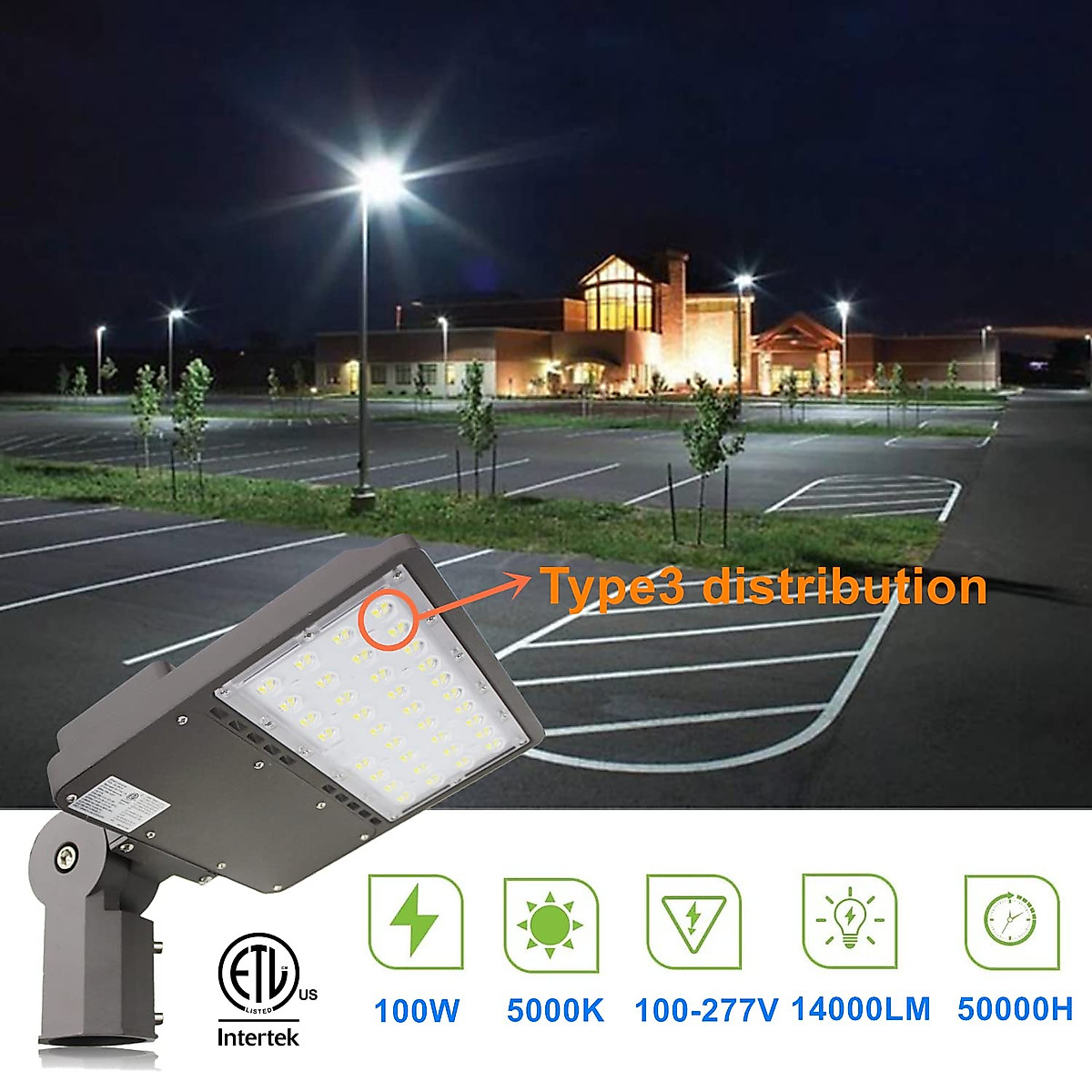 100W Outdoor LED Parking Lot Light with Adjustable Slip Fitter Mount, 5000K LED Area Light with Dusk to Dawn Photocell, 100-277V 14000LM [400W-600W HPS/HID Equiv] ETL LED Commercial LED Flood Light