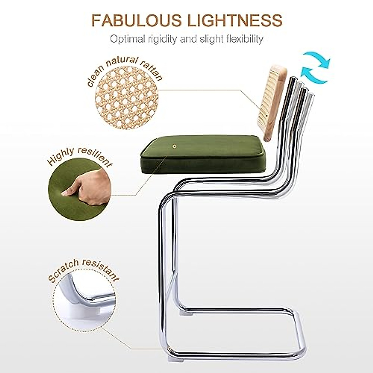 Zesthouse Modern Counter Height Stools, 24'' Natural Rattan Barstools Set of 2, Velvet Kitchen High Chairs with Backs, Mid Century Cantilevered Design Counter Chairs Island Stools, Green