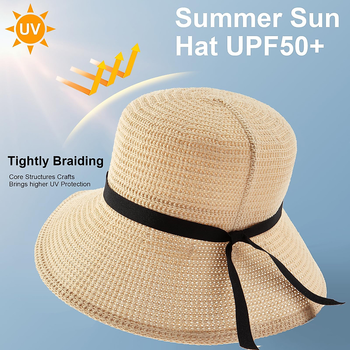 MEINICY Women Sun Hat Wide Brim Summer Beach Hat Bamboo Fiber Weave Floppy Hat UPF 50+ Foldable Hat Beige