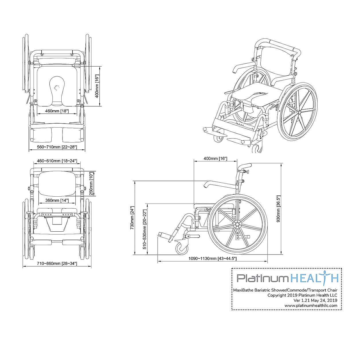 Bariatric Shower/Commode/Transport Chair, Heavy Duty 600lb Capacity, Padded, Retractable Arm and Foot Rests. Self-Propel Wheels. MaxiBathe Professional Shower Chair