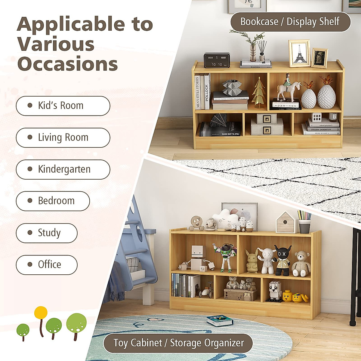 IFANNY Toy Storage Organizer, 2-Tier Kids Bookshelf, 5 Cube Kids' Bookcases, Cabinets & Shelves, Wooden Toy Shelf Organizer, Small Book Shelf for Kids Rooms, Playroom, Classroom, Nursery (Burlywood)