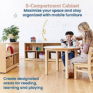 ECR4Kids 5-Compartment Mobile Storage Cabinet, 24in, Classroom Furniture, Natural