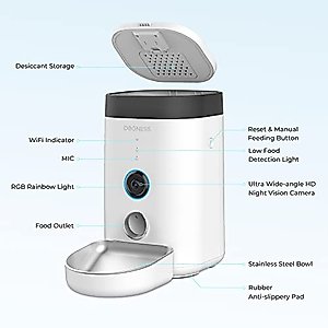DOGNESS Automatic WiFi Dog/Cat Smart Camera Feeder - 6.5Lbs Large Capacity App Control Food Dispenser with WiFi, Portion Control, Voice Recording, Camera, Timer Programmable (4L White)