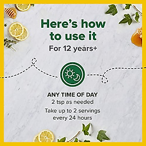 Zarbee's Adult Daytime Cough Syrup + Mucus with Honey, Ivy Leaf, Vitamin C, D & Zinc, Thyme, Drug & Alcohol-Free, Gluten-Free, Ages 12+, Natural Honey Lemon Flavor, 8 Fl.oz