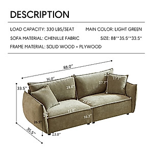 Yoglad 3-Seater Modular Sectional Sofa, Minimalist Style Upholstered Loveseat, Deep Seat Chenille Couch with 2 Pillows, for Living Room Apartment Office (Light Green)