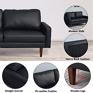 INSTORY Leather Sofa Modern Couch with Wooden Legs for Living Room, Office-Black
