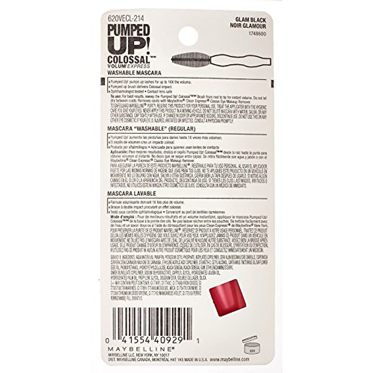 Maybelline Volum' Express Pumped Up Colossal Mascara, Washable Formula Infused with Collagen for Up To 16x Lash Volume, Glam Black, 1 Count