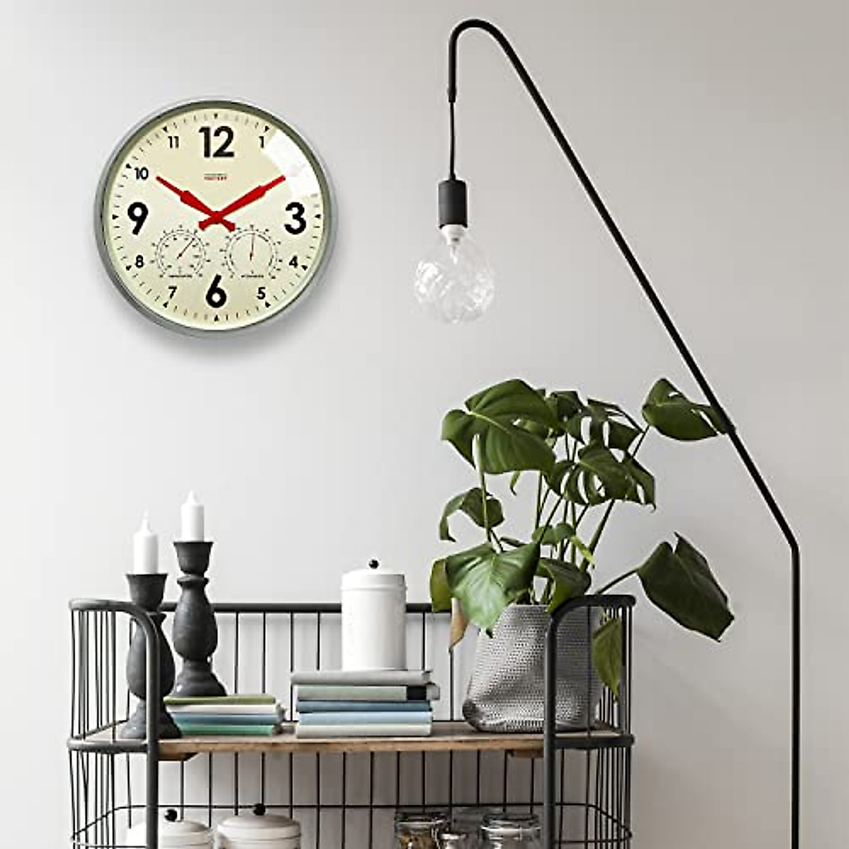 Cloudnola Indoor Outdoor Waterproof Metal Wall Clock with Thermometer and Hygrometer, Zinc Gray, 12 inch Silent Non-Ticking Battery Operated Quality Quartz Round Clock for Patio and Home Decor