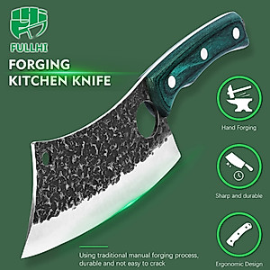 FULLHI Portable 14/15pcs Butcher knife set cleaver green woodhandle with bag Hand Forged chef knife Boning Knife High Carbon Steel viking knife set For Kitchen
