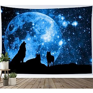 HVEST Wolf Tapestry Wall Hanging Full Moon in Blue Space Tapestries Wild Animal Wolves Wall Decor Blanket for Kids Bedroom Living Room Dorm Party, 60Wx40H Inches