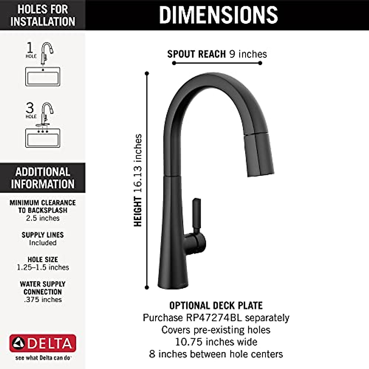 Delta Faucet Monrovia Matte Black Kitchen Faucet Black, Kitchen Faucets with Pull Down Sprayer, Kitchen Sink Faucet, Faucet for Kitchen Sink, Magnetic Docking Spray Head, Matte Black 9191-BL-DST