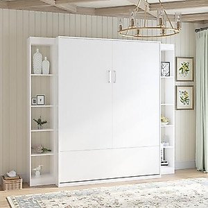 BALUS 97" W Murphy Bed with 2 Storage Cabinets, Queen Size Murphy Cube Cabinet Bed, Solid Wood Fold up Horizontal Murphy Wall Bed, Folding Bed Frame for Guest Room Bedroom Apartment - White