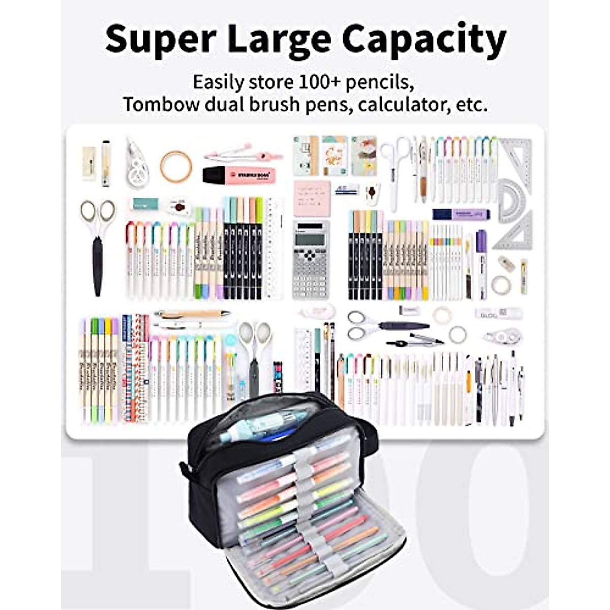 Sooez Big Capacity Pencil Pen Case, [Material Upgraded] Canvas Pencil Pouch Large Pencil Bag Organizer, Separate Compartments Easy Grip Handle, Aesthetic Supply for School Teens Adults, Black