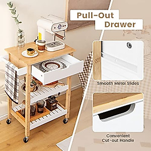 Giantex Kitchen Island Cart with Storage, Rolling Bamboo Kitchen Cart on Wheels, w/Pull-Out Drawer, Towel Handle, 2 Open Shelves, Mobile Coffee Bar Cart for Dining Room Living Room (Wood & White)