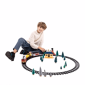 Christmas Train Sets Gift with Lights & Sounds Steam Locomotive Engine, Operated Electric Classical Train Toy with Real Smoke Cargo Cars & Tracks for Over 3 Years Old Boys Girls