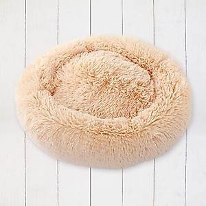 Luxury Fur Donut Cuddler Round Cat and Dog Cushion Bed Self-Warming and Cozy for Improved Sleep (Big Size, Beige)