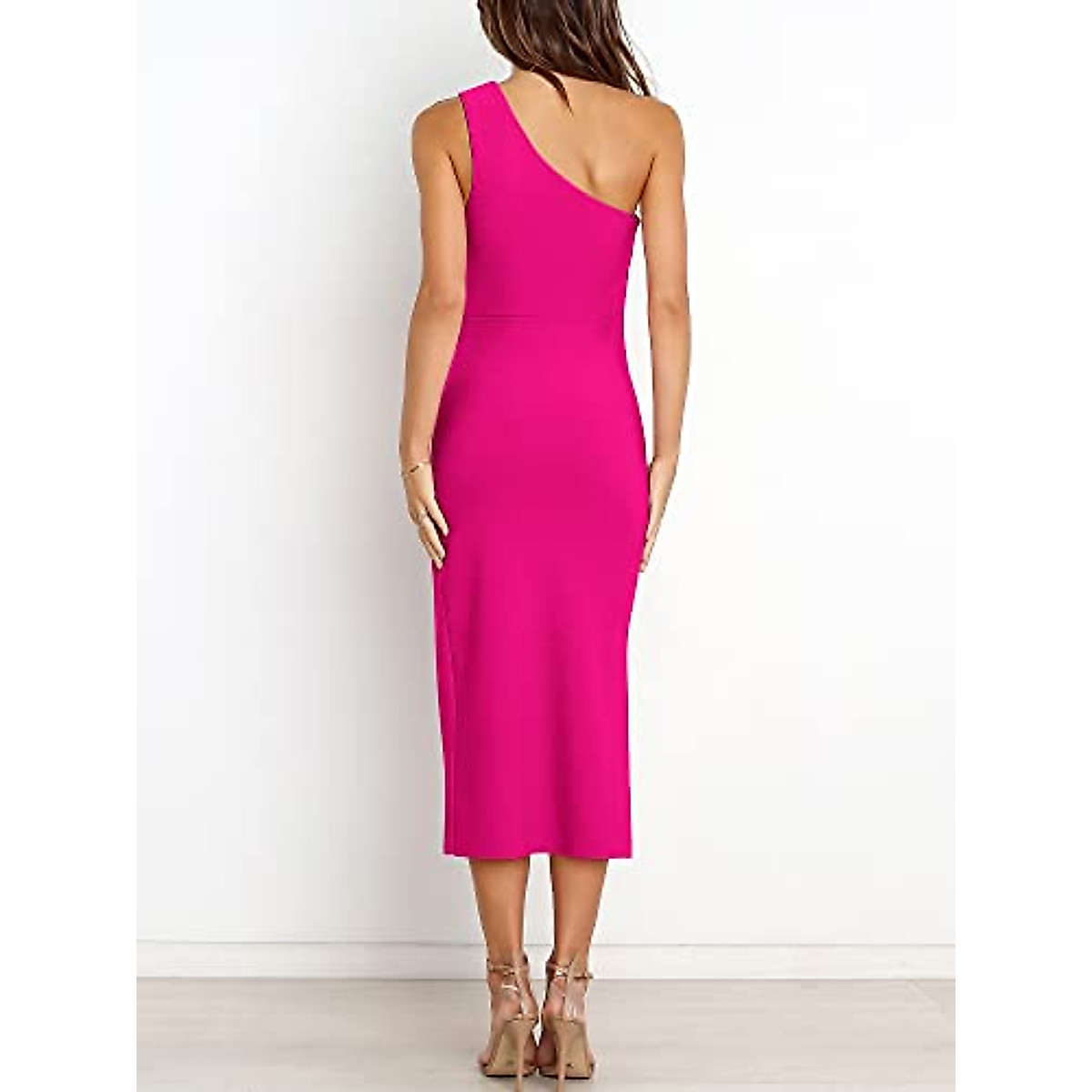 ANRABESS Women's Summer One Shoulder Ruched Bodycon Sleeveless Slit Cocktail Party Wedding Midi Dresses Ci872-meihong-L