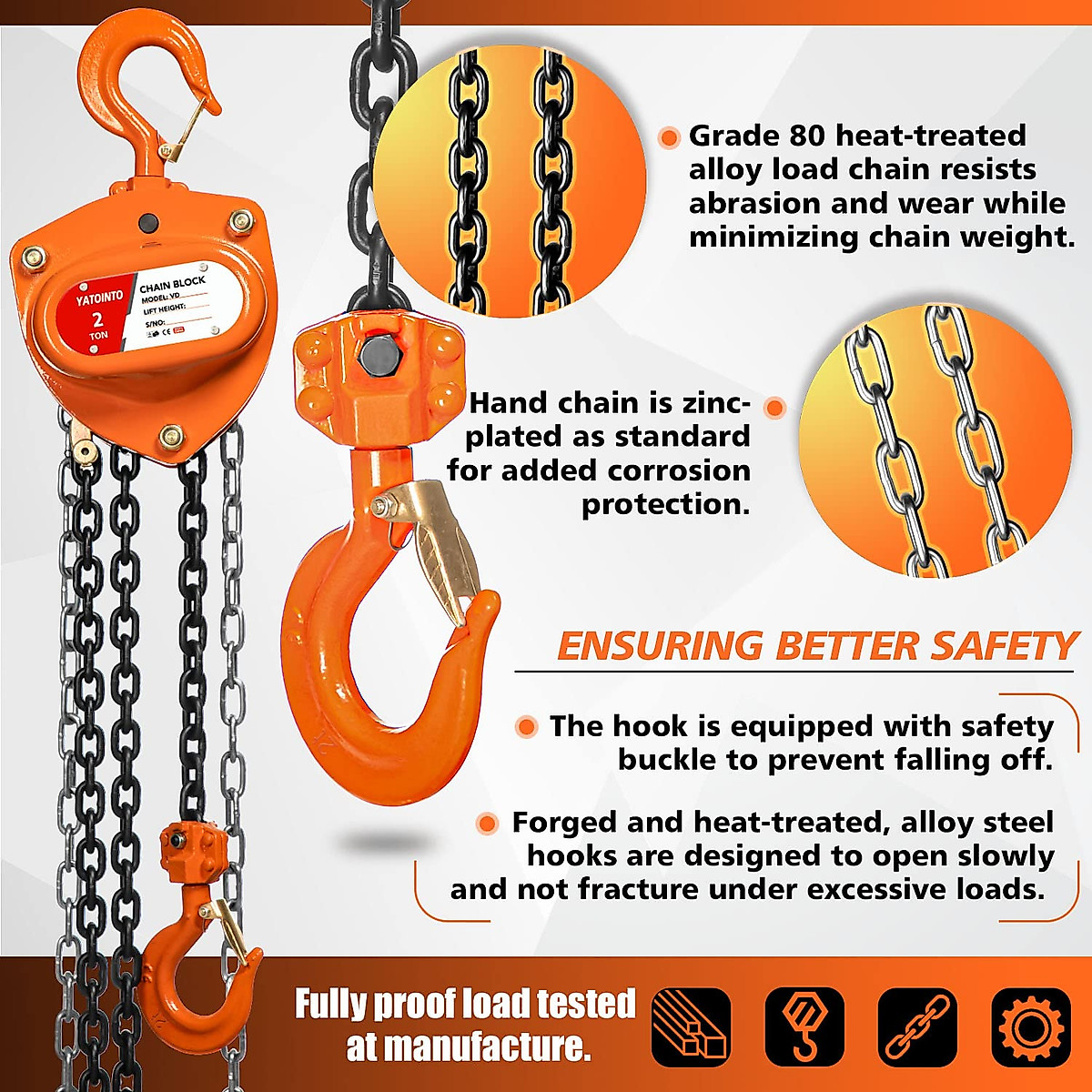 YATOINTO Chain Hoist 2 Ton(4400Lbs) Capacity 10FT Manual Hand Lift Steel Chain Block Hoist with 2 Heavy Duty Hooks Industrial Grade Steel Structures for Garages Automotive Machinery (2 Ton (4400lb))